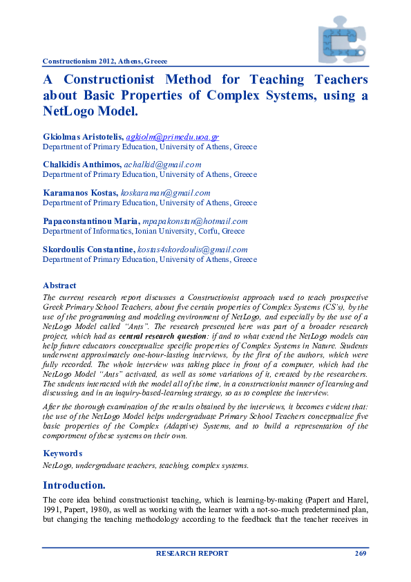 (PDF) A Constructionist Method for Teaching Teachers about Basic Properties of Complex Systems ...