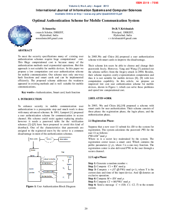 Pdf Optimal Authentication Scheme For Mobile Communication System