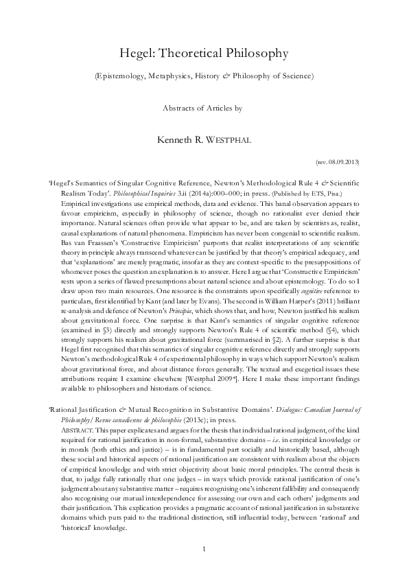 (PDF) K R Westphal - Abstracts, Hegel: Theoretical Philosophy
