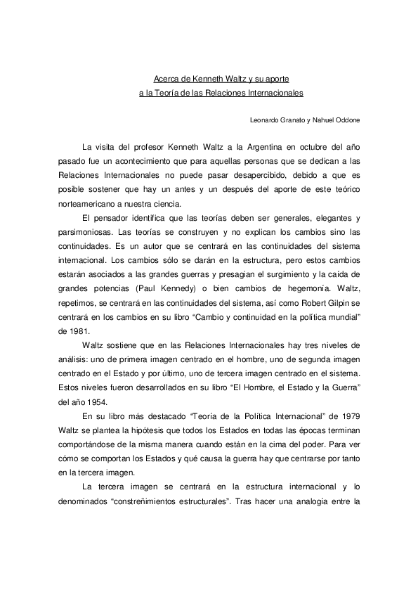 (PDF) Acerca de Kenneth Waltz y su aporte a la Teoría de las Relaciones ...