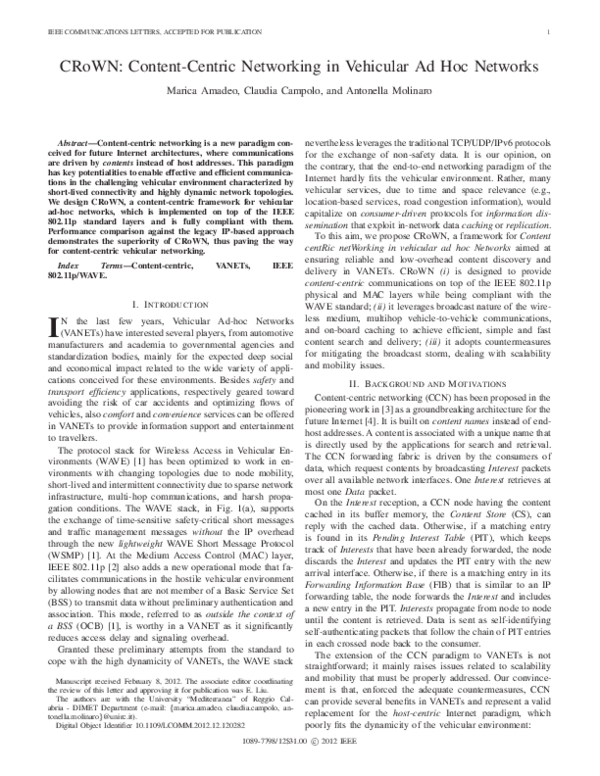(PDF) CRoWN: Content-Centric Networking in Vehicular Ad Hoc Networks