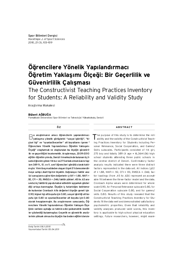 (PDF) The Constructivist Teaching Practices Inventory for Students: A Reliability and Validity Study