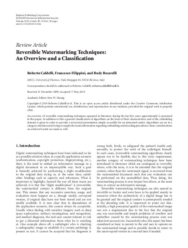 Pdf Reversible Watermarking Techniques An Overview And A Classification