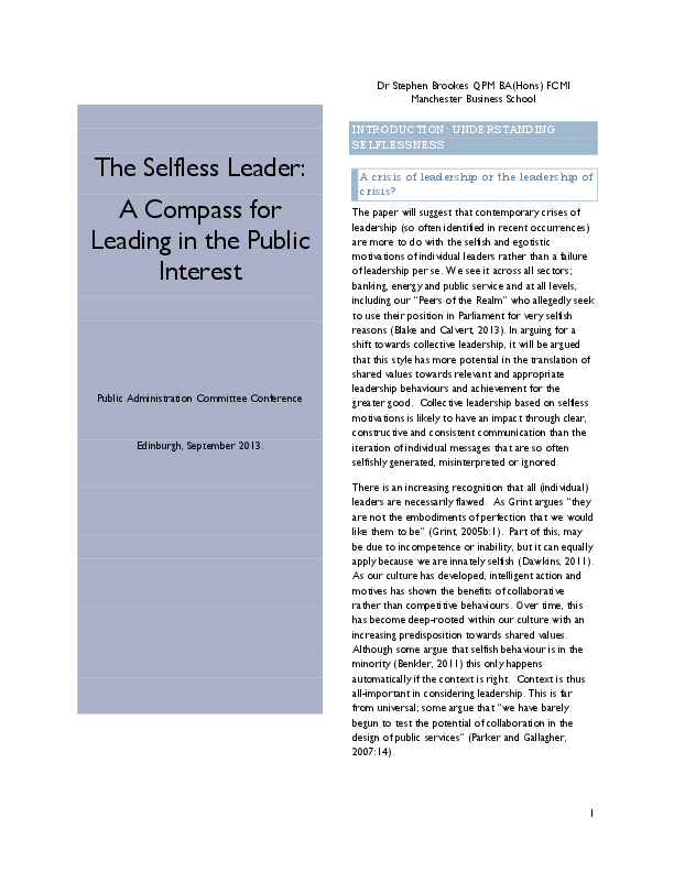 (PDF) The Selfless Leader: A Compass for Leading in the Public Interest