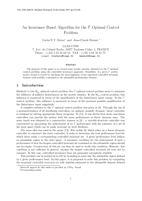 Pdf An Invariance Based Algorithm For The L1 Optimal Control Problem