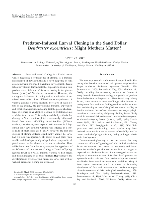 (PDF) Predator-Induced Larval Cloning In the Sand Dollar Dendraster ...