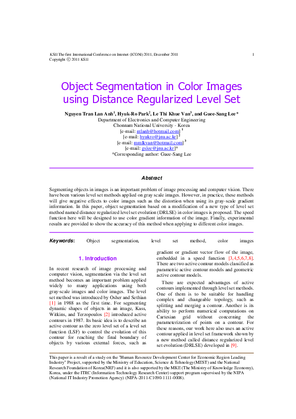 Pdf Object Segmentation In Color Images Using Distance Regularized Level Set
