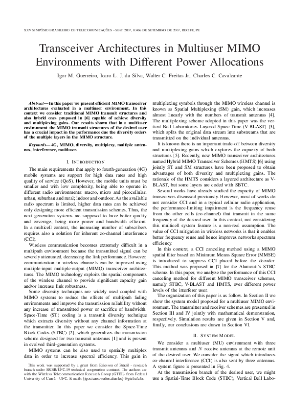 (PDF) Transceiver Architectures in Multiuser MIMO Environments with Different Power Allocations