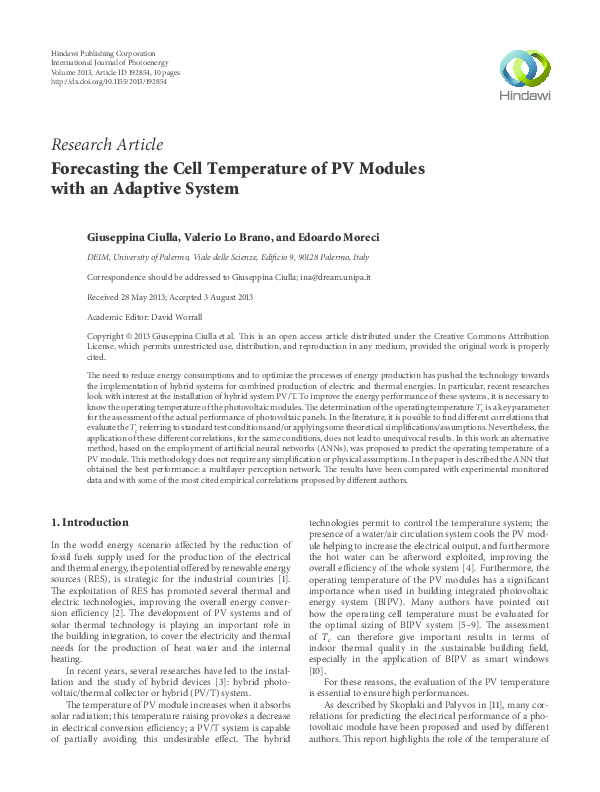 (PDF) Forecasting the Cell Temperature of PV Modules with an Adaptive ...