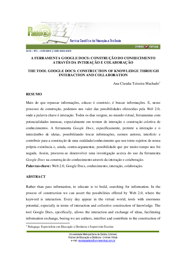 (PDF) A ferramenta Google Docs: construção do conhecimento através da ...