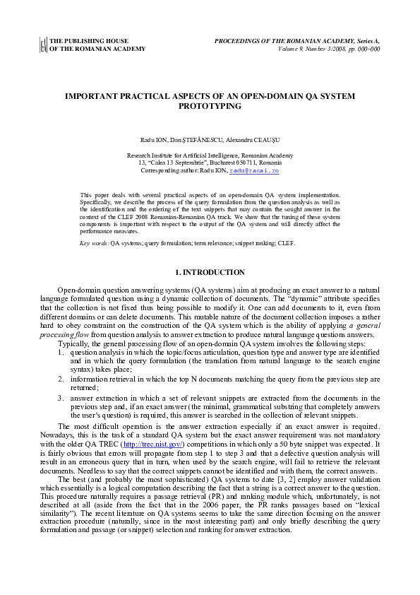 Pdf Important Practical Aspects Of An Open Domain Qa System Prototyping