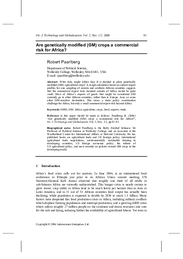 (PDF) Are genetically modified (GM) crops a commercial risk for Africa