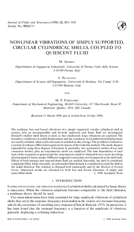 (PDF) NONLINEAR VIBRATIONS OF SIMPLY SUPPORTED, CIRCULAR CYLINDRICAL SHELLS, COUPLED TO ...