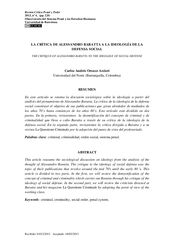 (PDF) La crítica de Alessandro Baratta a la ideología de la defensa social