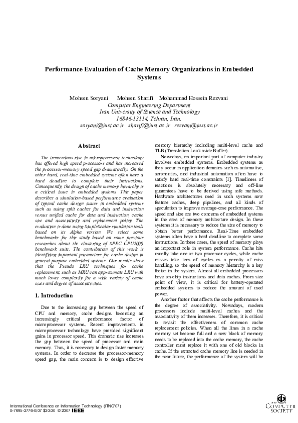 (PDF) Performance Evaluation of Cache Memory Organizations in Embedded Systems