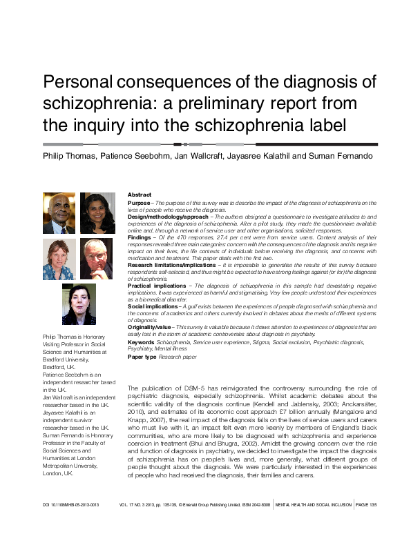 (PDF) Personal consequences of the diagnosis of schizophrenia: a ...