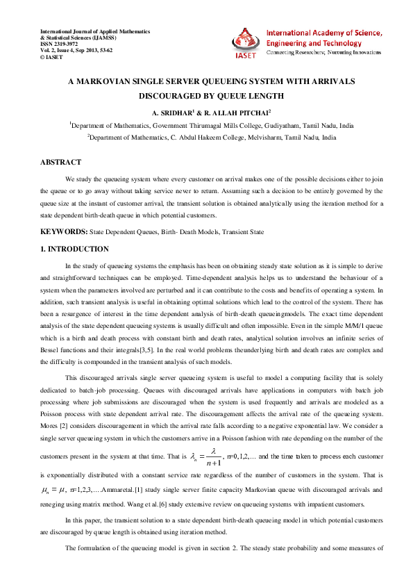 Pdf A Markovian Single Server Queueing System With Arrivals
