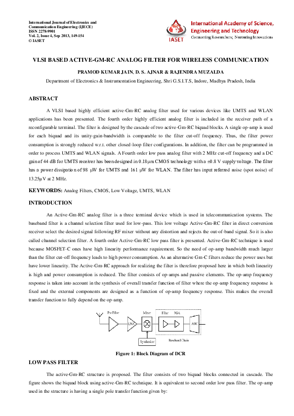 Pdf Vlsi Based Active Gm Rc Analog Filter For Wireless Communication
