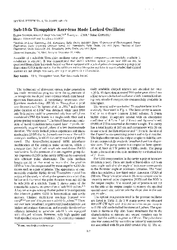 (PDF) Sub10-fs Ti:sapphire Kerr-lens Mode Locked Oscillator