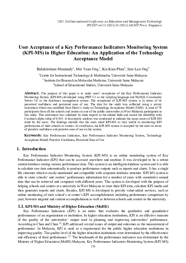 (PDF) User Acceptance of a Key Performance Indicators Monitoring System (KPI-MS) in Higher ...