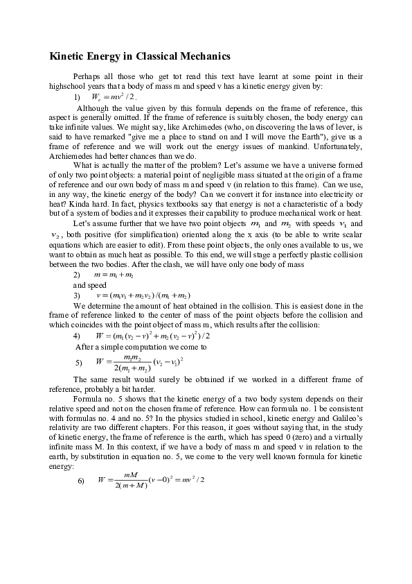 (DOC) Kinetic energy in classical mechanics