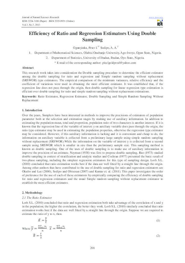 PDF Efficiency Of Ratio And Regression Estimators Using Double Sampling Peter Ogunyinka pdf-efficiency-of-ratio-and-regression-estimators-using-double-sampling-peter-ogunyinka