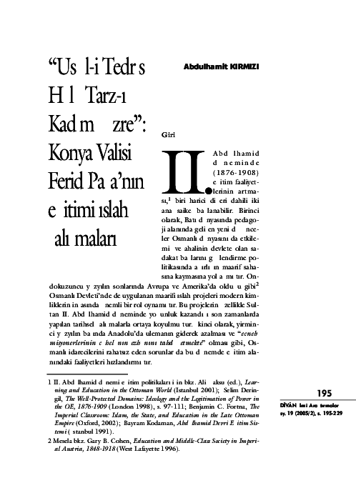 (PDF) "Usûl-i Tedrîs Hâlâ Tarz-ı Kadîm Üzre": Konya Valisi Ferid Paşa ...