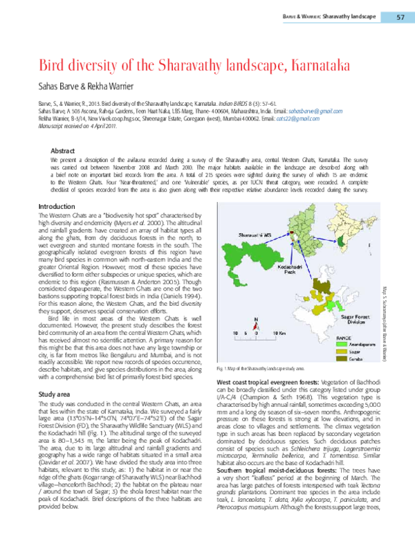 (PDF) Bird diversity of the Sharavathy landscape, Karnataka