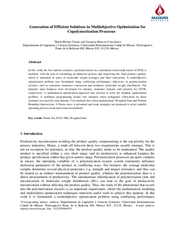 (PDF) Generation of Efficient Solutions in Multiobjective Optimization for Copolymerization ...