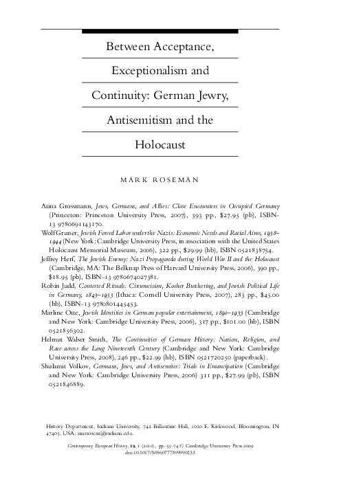 (PDF) Between Acceptance, Exceptionalism and Continuity: German Jewry ...