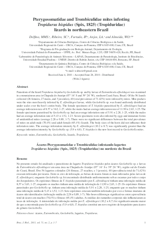 (PDF) Pterygosomatidae and Trombiculidae mites infesting Tropidurus ...