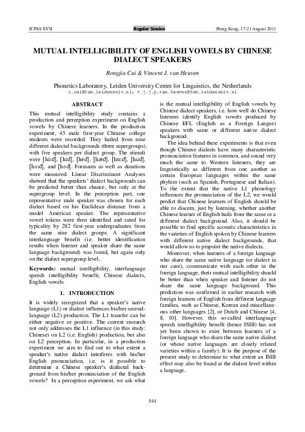 (PDF) MUTUAL INTELLIGIBILITY OF ENGLISH VOWELS BY CHINESE DIALECT SPEAKERS