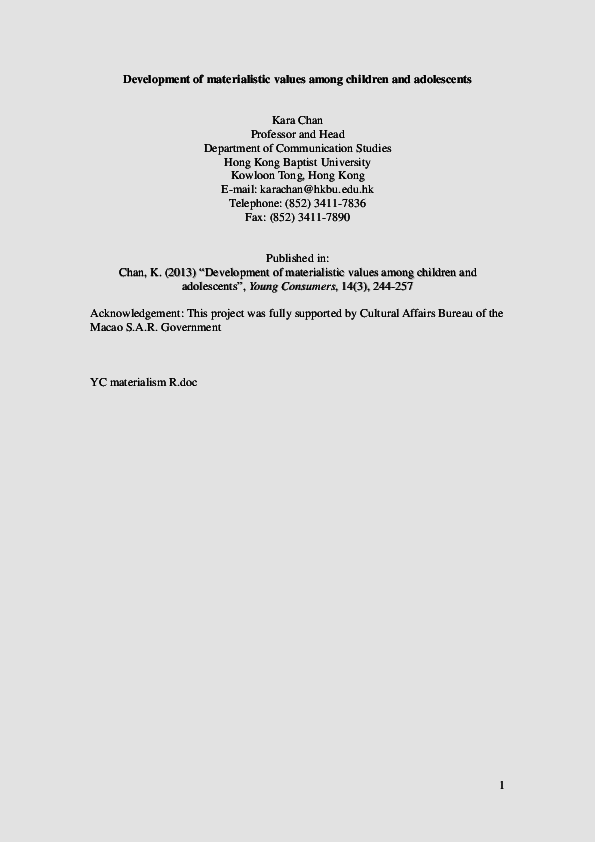(PDF) Development of materialistic values among children and adolescents