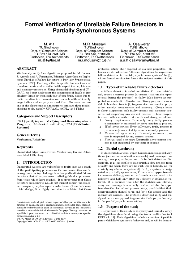(PDF) Formal Verification of Unreliable Failure Detectors in Partially Synchronous Systems