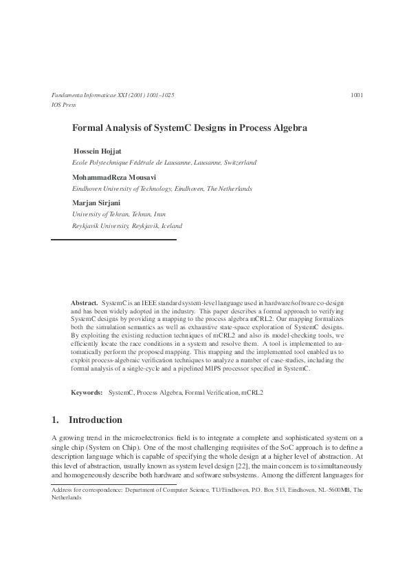 (PDF) Formal Analysis of SystemC Designs in Process Algebra