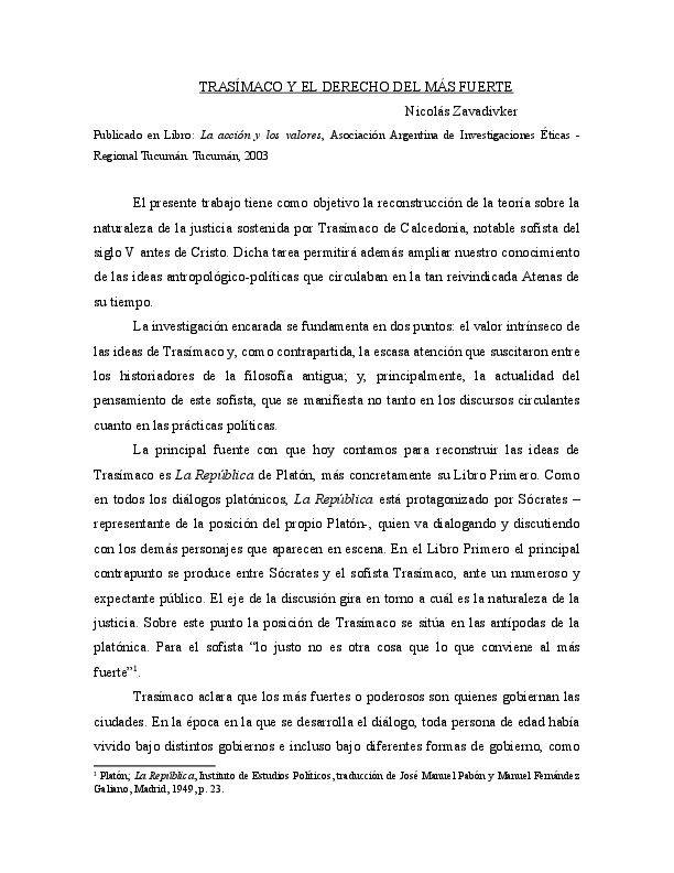 (DOC) Trasímaco y el derecho del más fuerte