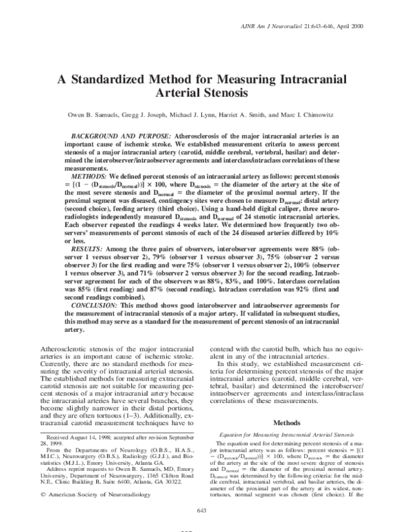 (PDF) A Standardized Method for Measuring Intracranial Arterial Stenosis
