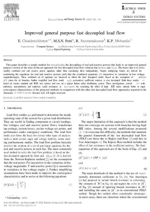 (PDF) Fast Decoulpled Load Flow Chandrasekharan