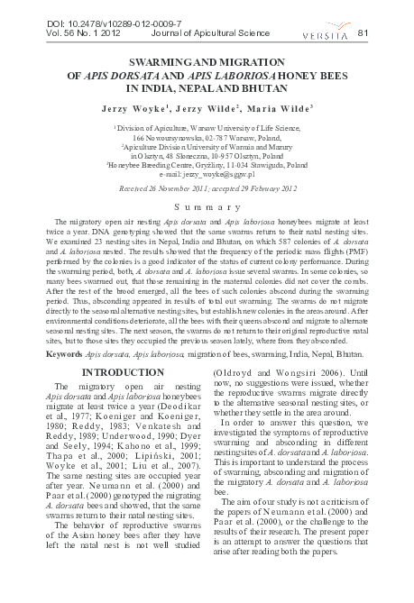 (PDF) Swarming and migration of Apis dorsata and Apis laboriosa honey bees in India, Nepal and ...