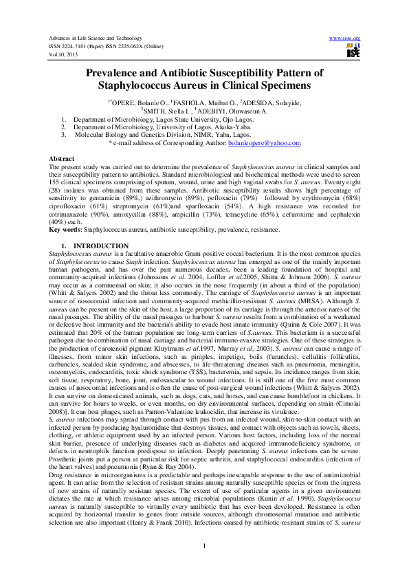 Pdf Prevalence And Antibiotic Susceptibility Pattern Of