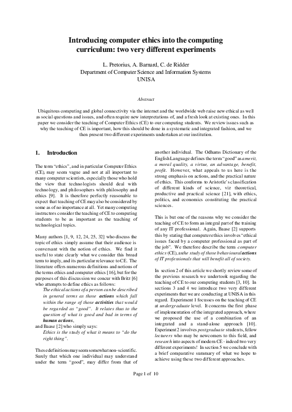 (PDF) Introducing computer ethics into the computing curriculum: two ...