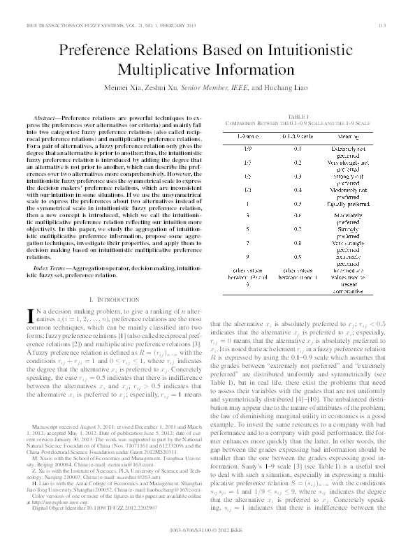 (PDF) Preference relations based on intuitionistic multiplicative information