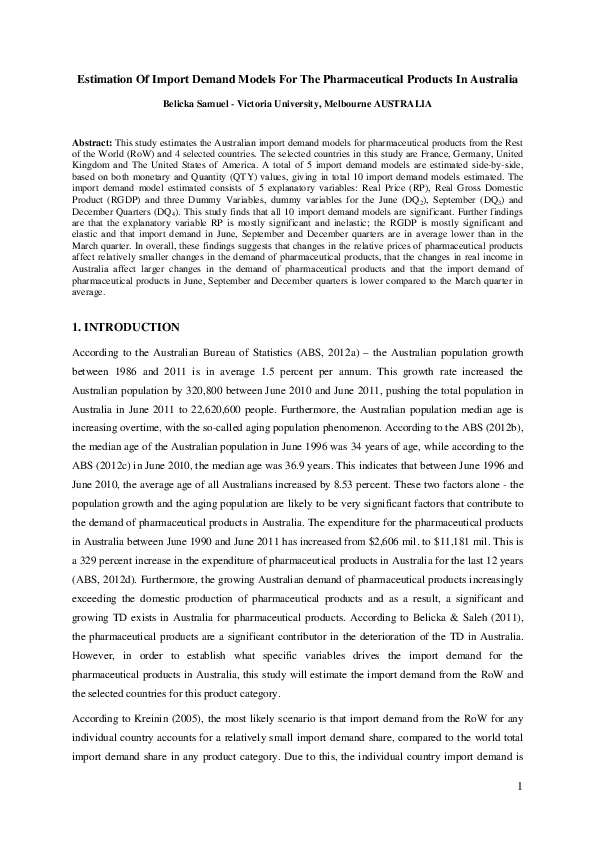 (PDF) Estimation Of Import Demand Models For The Pharmaceutical ...