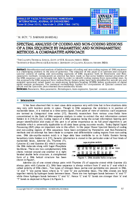 Pdf Spectral Analysis Of Coding And Non Coding Regions Of A Dna Sequence By Parametric And