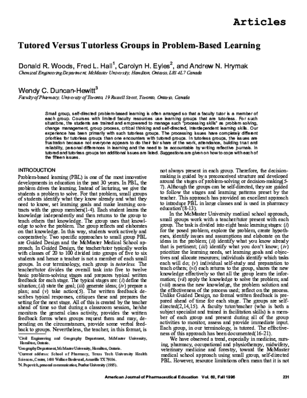 Pdf Tutored Versus Tutorless Groups In Problem Based Learning