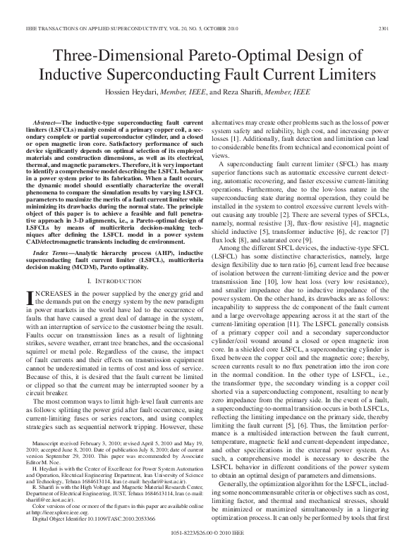 Pdf Ieee Three Dimensional Pareto Optimal Design Of Inductive Superconducting Fault Current