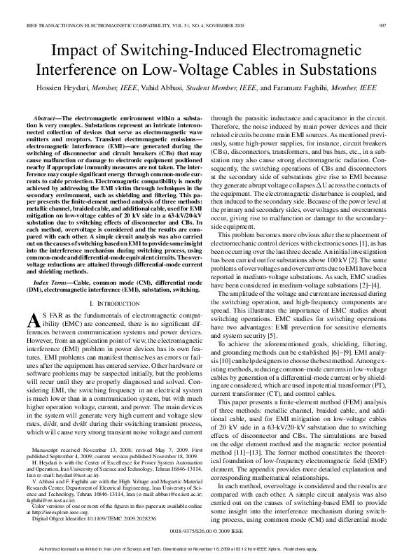 (PDF) Impact of Switching-Induced Electromagnetic Interference on Low-Voltage Cables in Substations