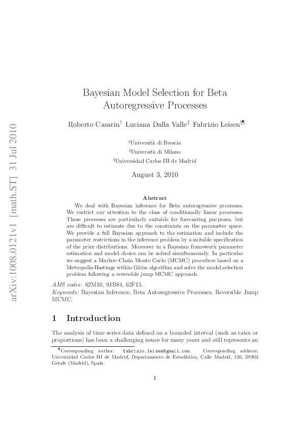 (PDF) Bayesian Model Selection for Beta Autoregressive Processes