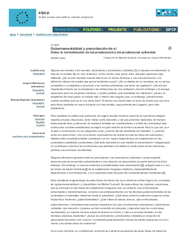 (PDF) Gubernamentalidad y precarización de sí. Sobre la normalización ...