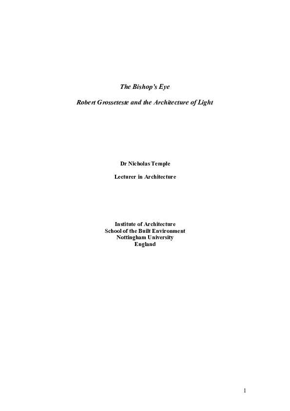 (DOC) Nicholas Temple, 'The Bishop's Eye: Robert Grosseteste and the ...